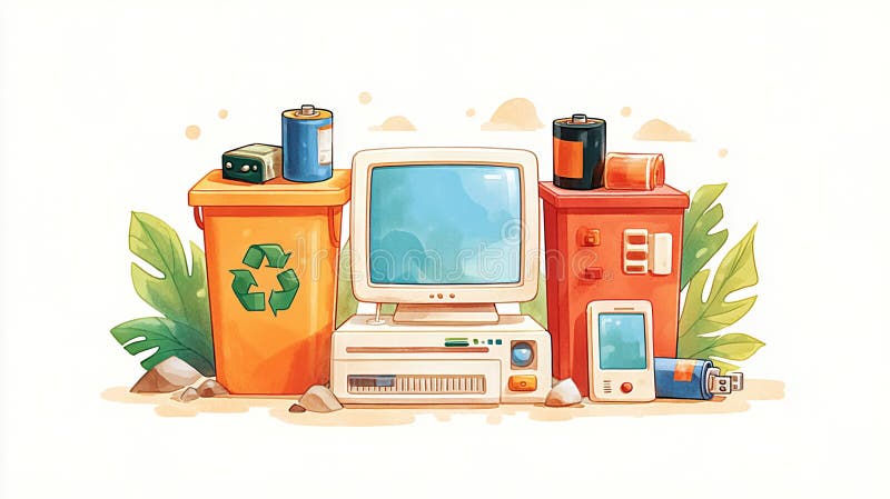 E-waste. Vintage Computer and Electronics with Recycling Bins ...