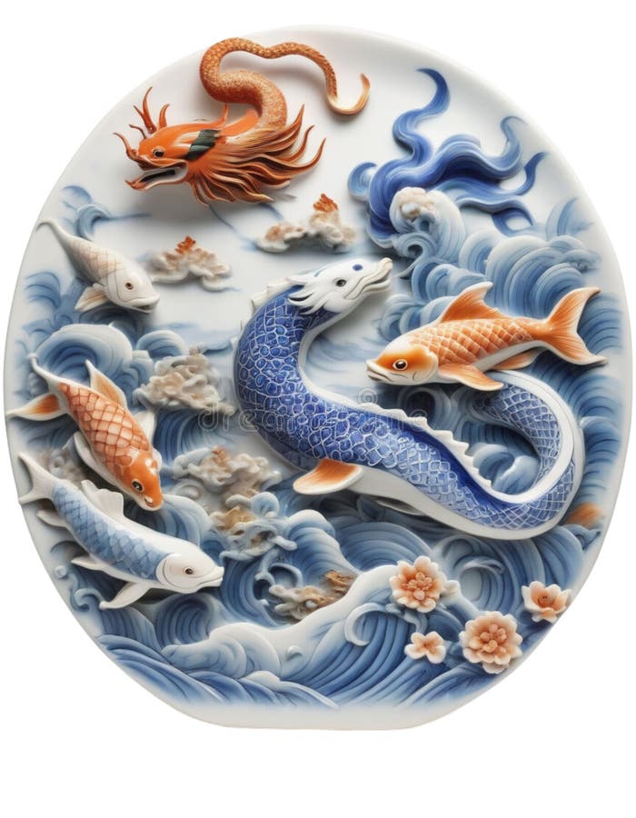 Vintage Porcelain Art Plate with Sea Creatures and Fish on a White ...