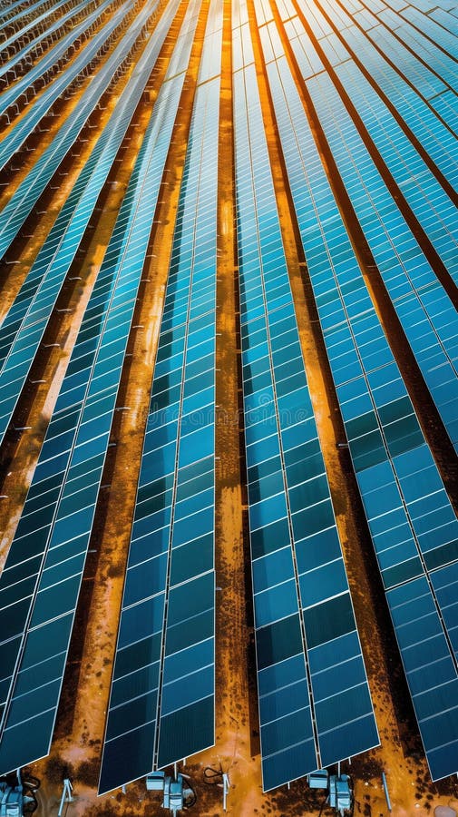 Aerial View of Vast Solar Farm with Blue and Orange Panels Arranged in ...