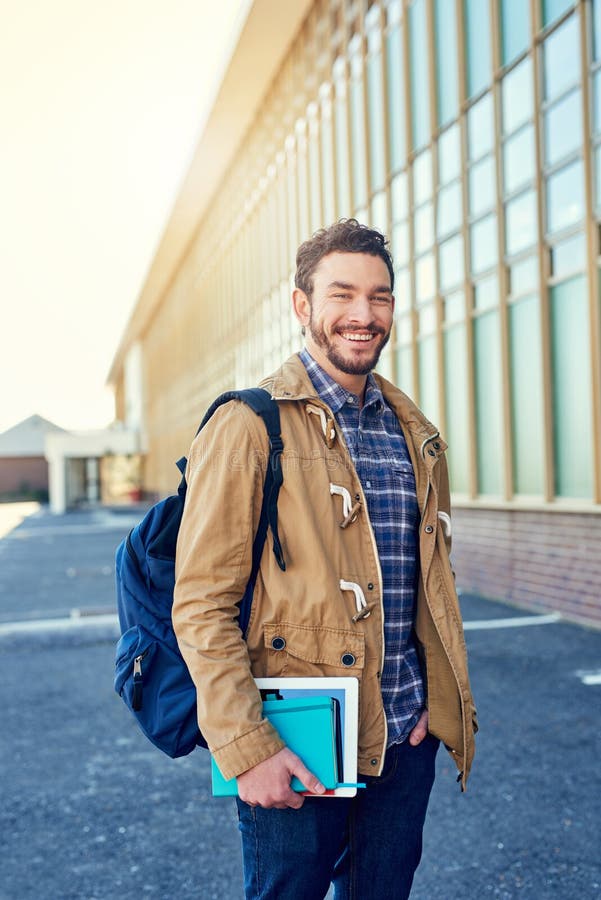 Eager for His First Class. a College Student between Classes on Campus ...