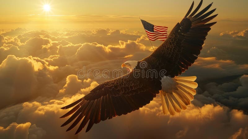 American Pride Flight Eagle Soaring Flag Above Clouds Stock Photos ...