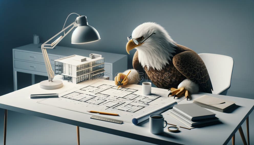 Eagle Architect Working on Building Plans at Desk Stock Illustration ...