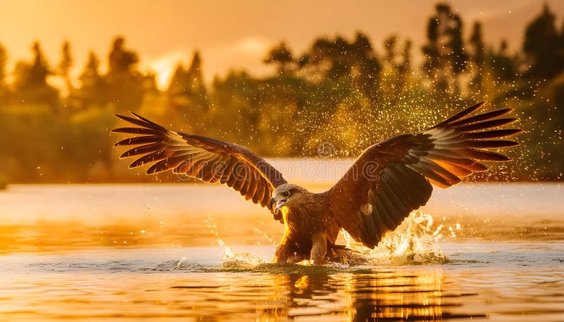 The Eagle Attacking Fish in the Lake at Sunset Stock Illustration ...