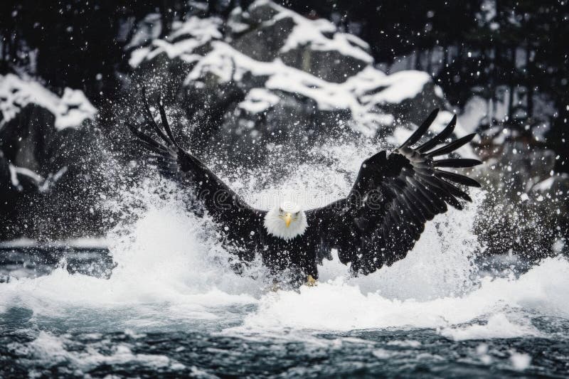 Eagle Catches Fish in Rushing River with Power and Grace in the Wild ...
