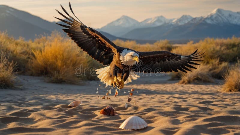 Majestic Bald Eagle Soaring Over Sandy Beach at Sunset Stock ...