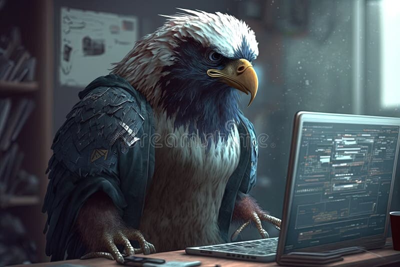Eagle Dressed in Casual Clothes Programming on a Computer. Generative ...