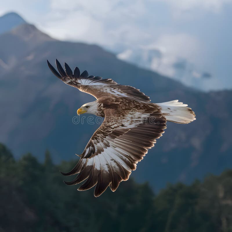Eagle in Flight Majestic Predator Soaring Over Mountain Landscape Stock ...