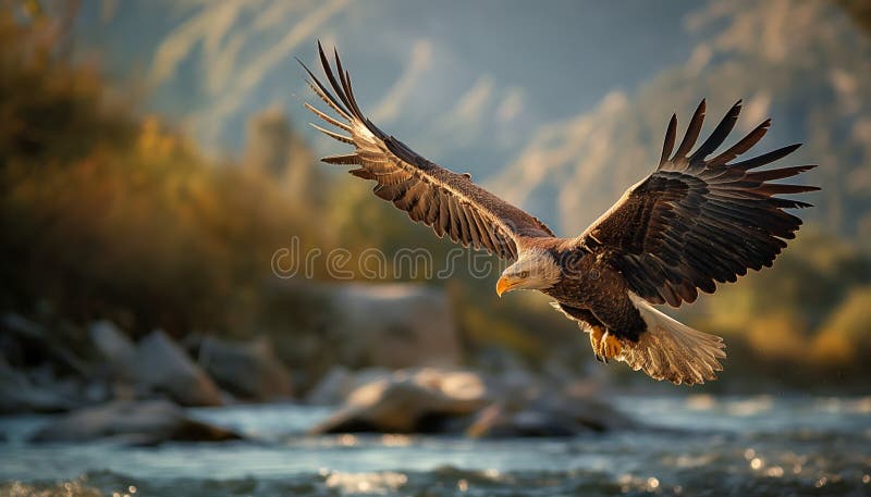 Eagle in Flight Over Rocky River with Hilly Backdrop Stock Image ...