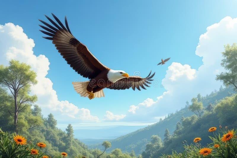 Eagle Flight Over Vibrant Forest Scenery Stock Illustration - Illustration of prey, landscape ...