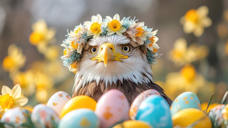 Eagle with Flower Crown Surrounded by Colorful Easter Eggs and ...