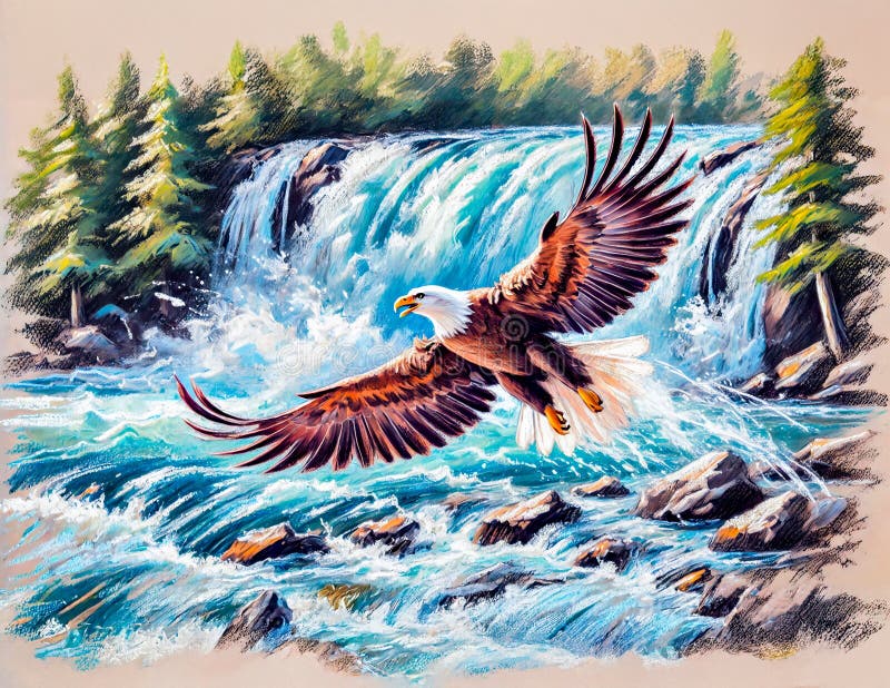 Eagle Flying in Front of Waterfall Pastel Chalk Drawing Stock ...