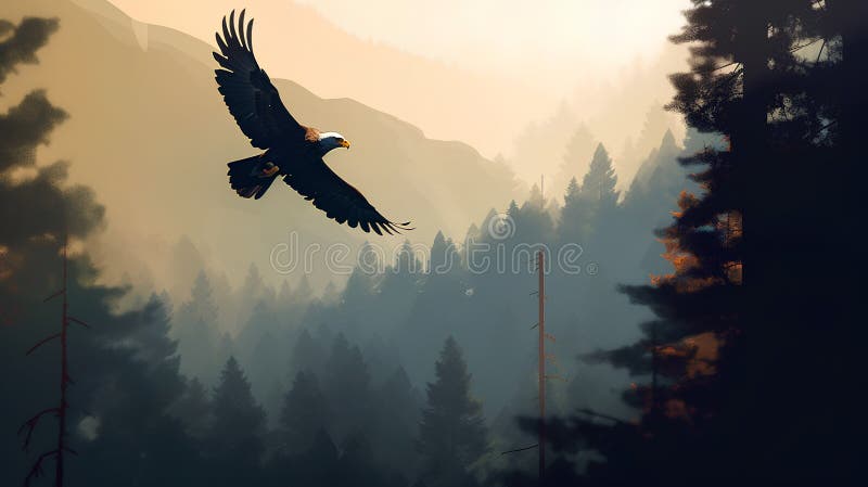 Eagle Flying in the Misty Forest. 3D Illustration Stock Illustration ...