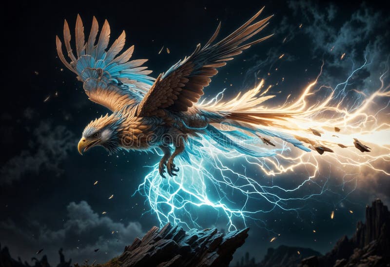 An Eagle Flying with Orange Lightning Thunder Stock Photo - Image of ...