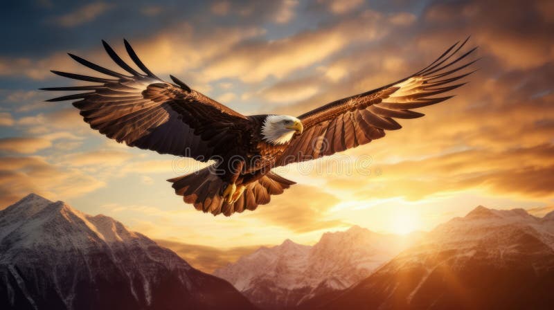 An Eagle Flying Over a Mountain Range at Sunset Stock Illustration ...