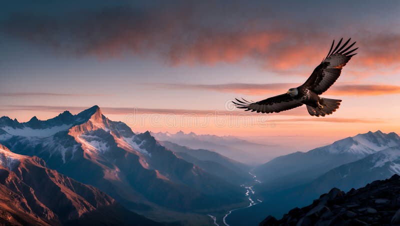 Majestic Eagle Soaring Over Breathtaking Mountain Range at Sunset Stock Illustration ...