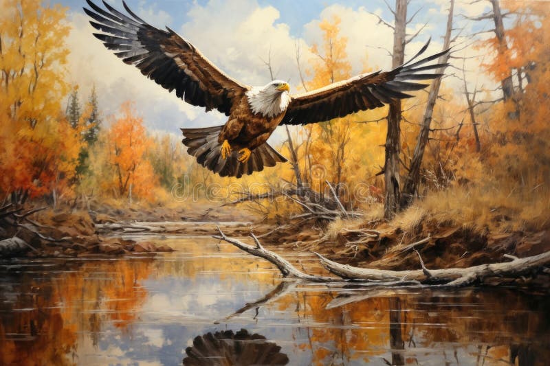 An Eagle Flying Over a River in the Fall, AI Stock Illustration ...