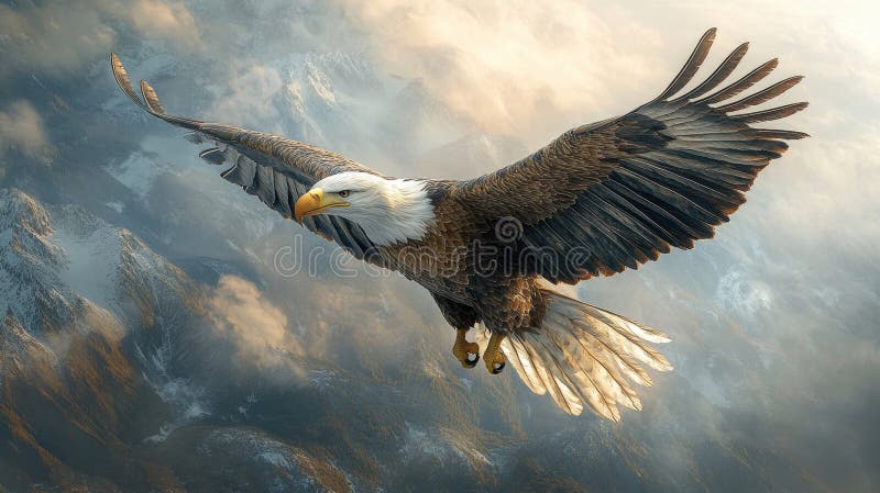 Majestic Eagle Soaring Over Mountain Peaks during Golden Hour with Dramatic Clouds and a ...