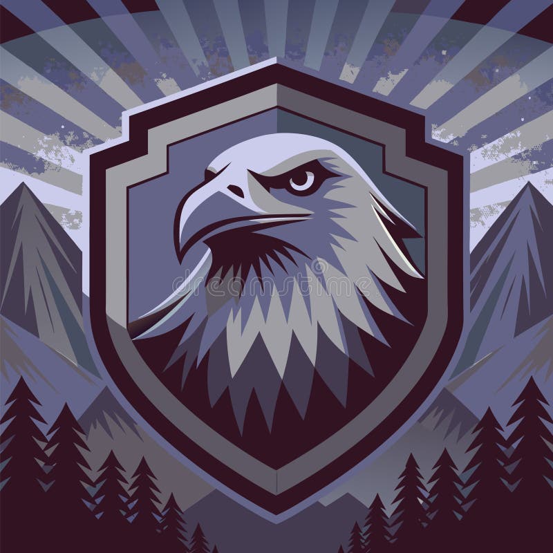 Eagle Head Shield Emblem with Mountain and Forest Scenery Stock Vector ...
