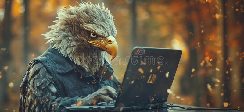 Eagle-headed Humanoid Typing on Laptop in Autumn Forest Setting, Copy ...
