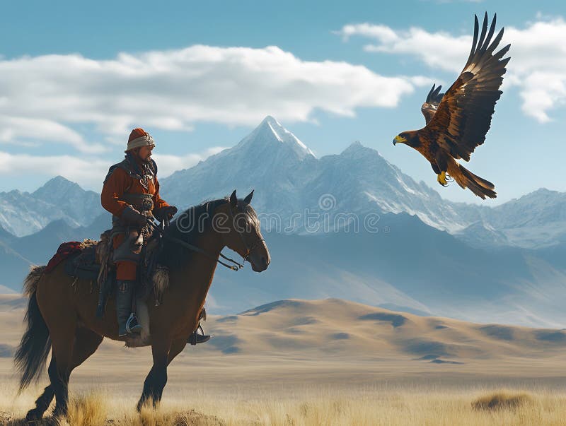 Eagle Hunt with Rider on Horseback in Mountainous Landscape Stock ...