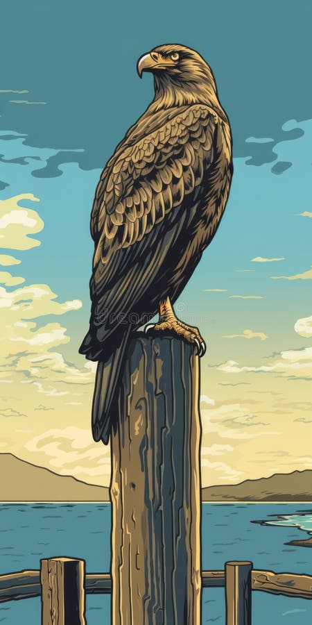 Eagle Linocut Style on Post with Sea Background Stock Illustration ...