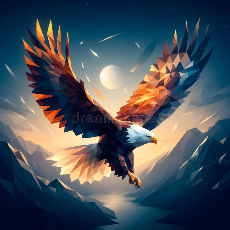 Eagle in Low Poly Style on a Background of Mountains and the Moon Stock ...