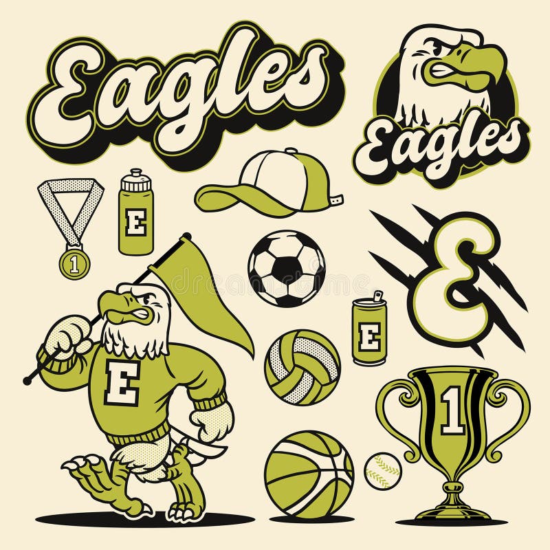 Eagle Mascot Object Sport Set in Vintage Hand Drawn Design Stock Vector ...
