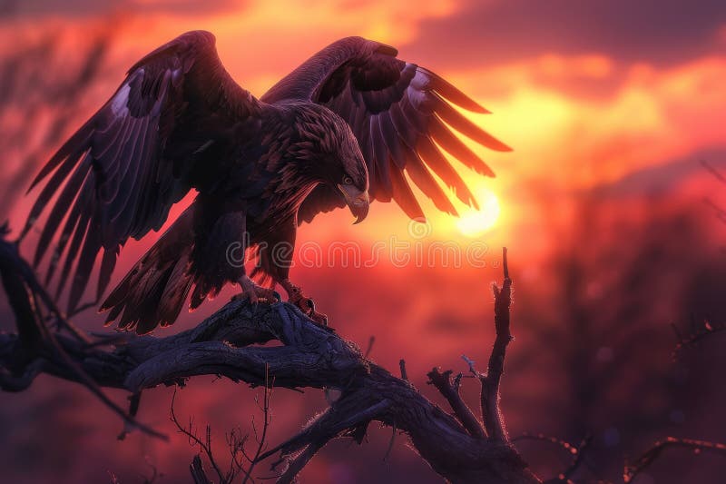 An Eagle with Open Wings Sitting on Top of a Dry Branch at a Red Sunset ...