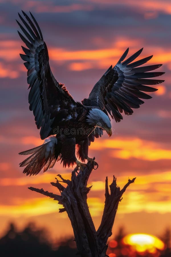 An Eagle with Open Wings Sitting on Top of a Dry Branch at a Red Sunset ...