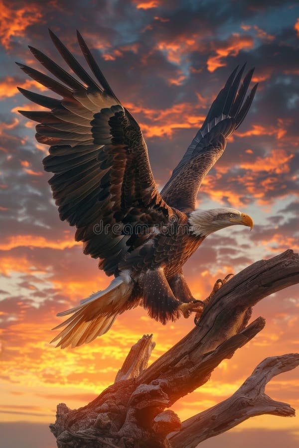 An Eagle with Open Wings Sitting on Top of a Dry Branch at a Red Sunset ...