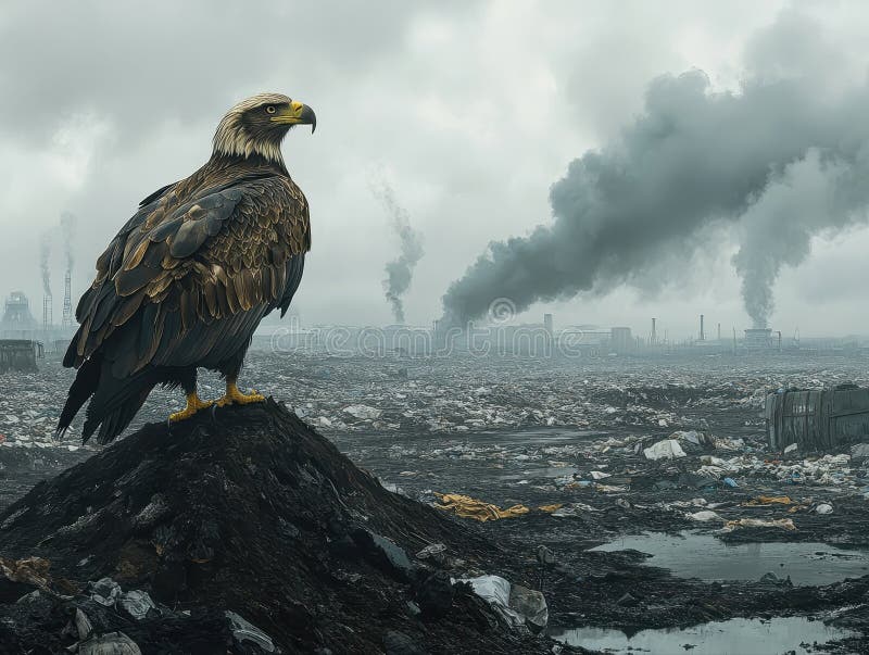 Eagle Perched on a Pile of Garbage at a Landfill Site Observing the ...
