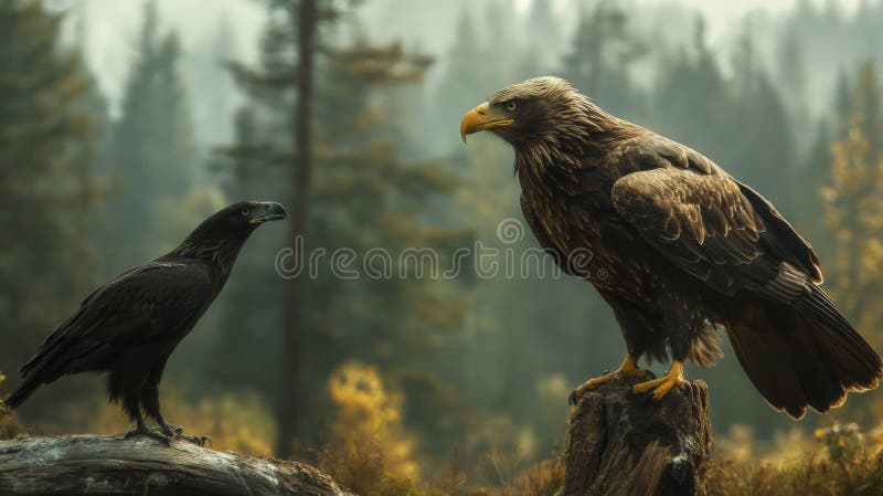Eagle and Raven Confrontation in Misty Forest Stock Illustration ...
