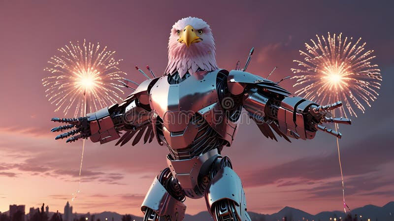 Eagle Robot with Fireworks Celebration at Dusk Stock Illustration ...