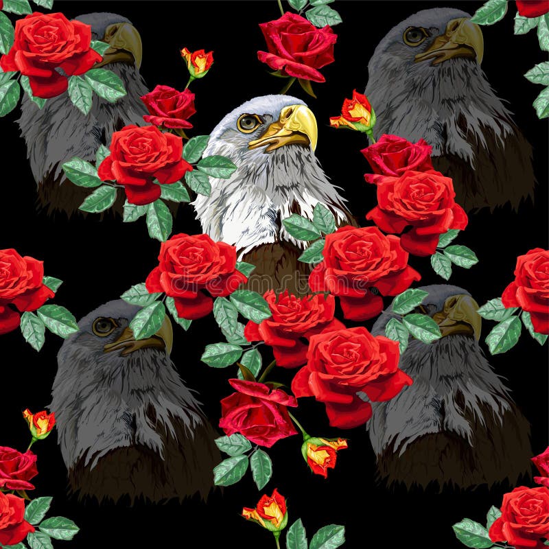 Eagle with Roses Seamless Pattern Stock Vector - Illustration of bird ...