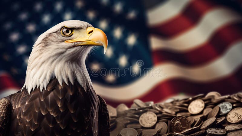 Eagle with Several Gold Coins Usa Flag Background Stock Illustration ...