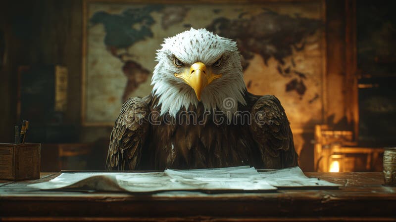 Eagle Sits Confidently at Desk Surrounded by Maps and Papers in a ...