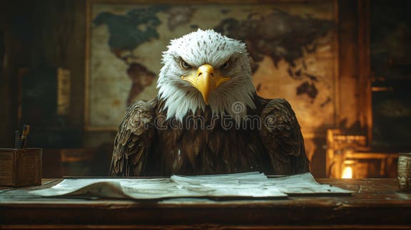 Eagle Sits Confidently at Desk Surrounded by Maps and Papers in a ...