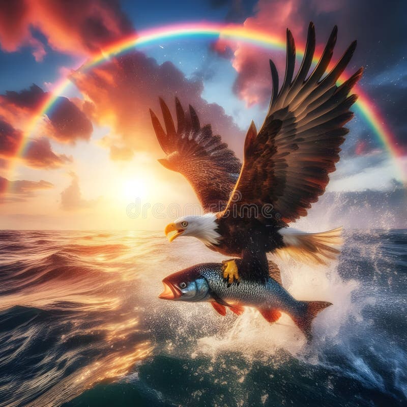 A Eagle Skimming Over the Ocean while Grabbing a Fighting Fish ...