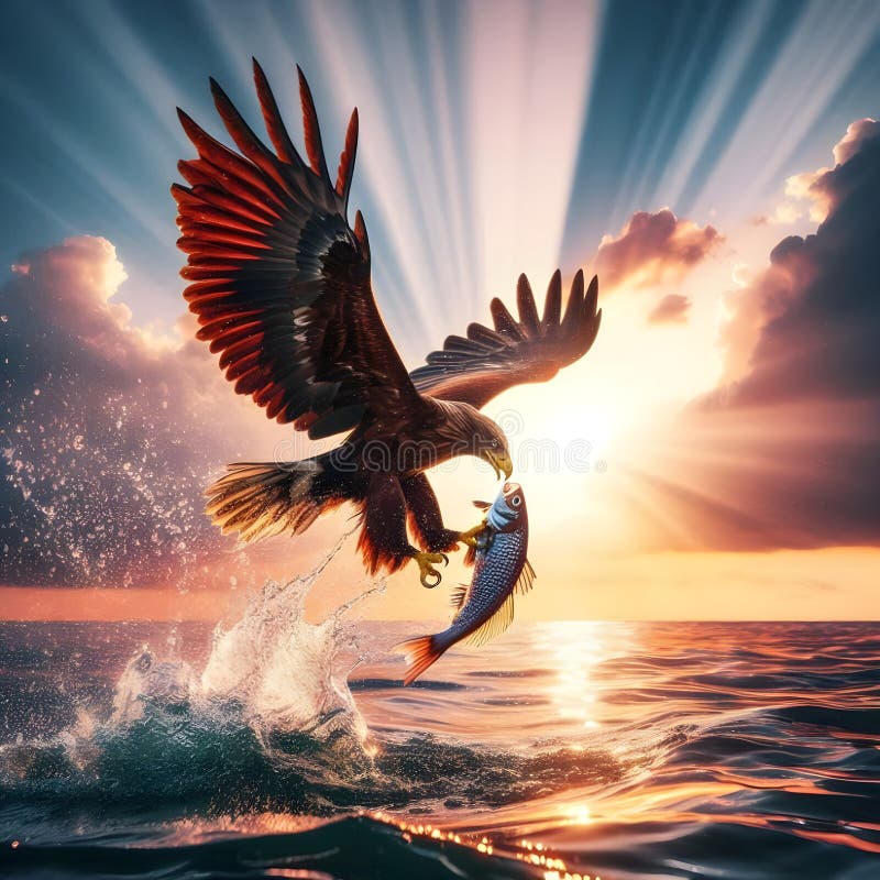 A Eagle Skimming Over the Ocean while Grabbing a Fighting Fish ...