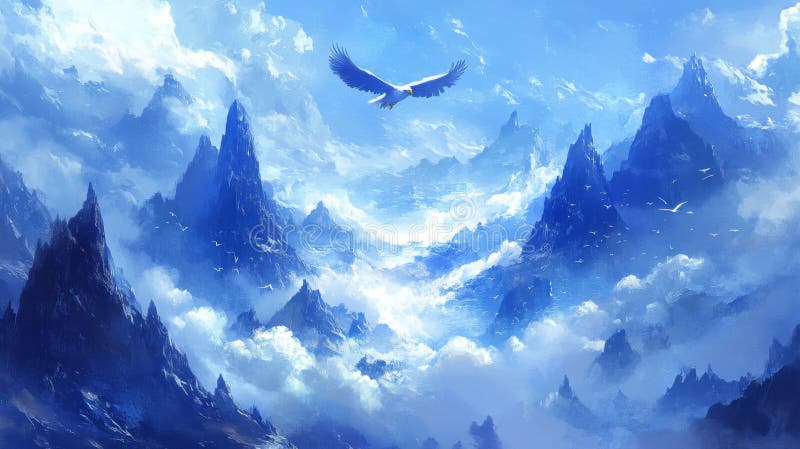 Eagle Soaring Above Blue Mountains and Clouds Stock Illustration ...