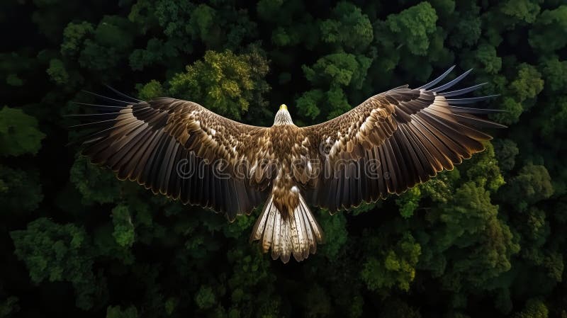 Eagle Soaring Above Lush Green Forest Canopy, Wings Spread Wide Stock Image - Image of green ...