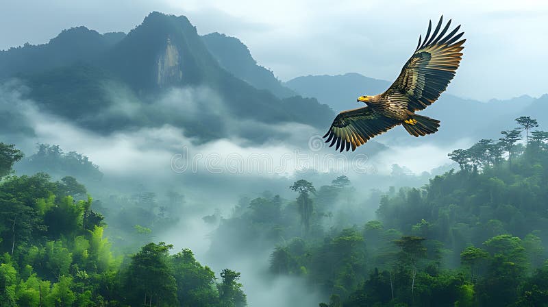 Eagle Soaring Above Misty Jungle Mountains (1 Stock Illustration ...