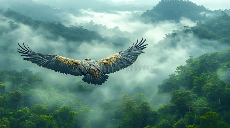 Eagle Soaring Above Misty Mountain Rainforest Stock Illustration - Illustration of animal, wild ...