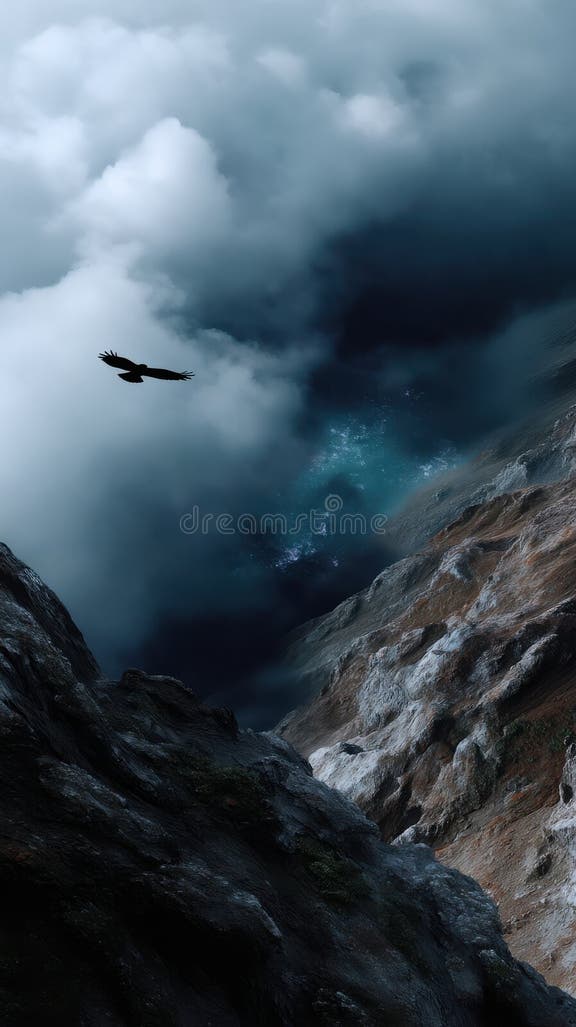Eagle Soaring Above Misty Mountainous Landscape with Dramatic Cloudy ...