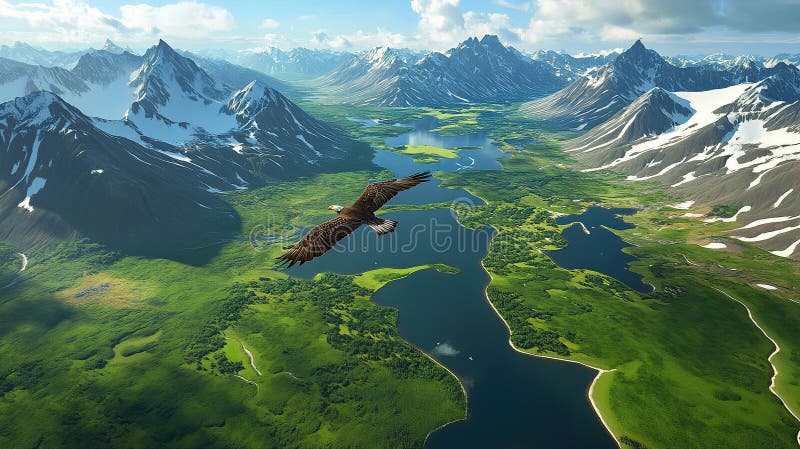 Eagle Soaring Above Mountainous Fjord Landscape Stock Image - Image of ...