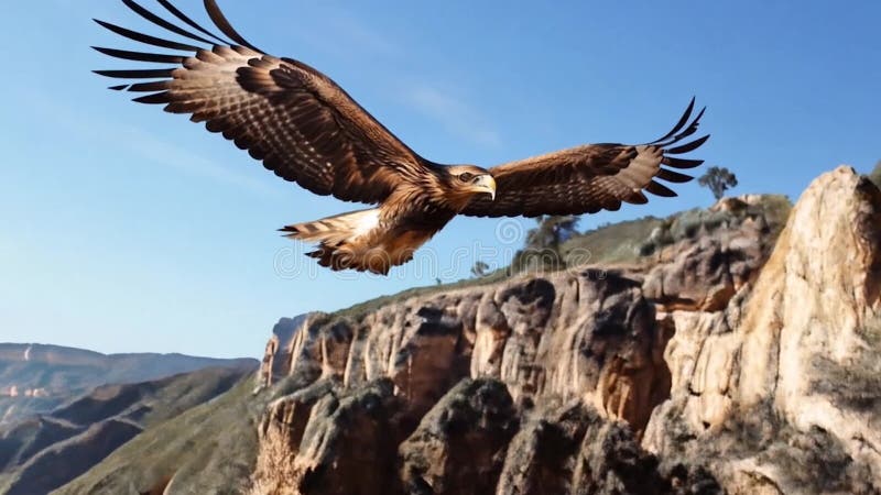 Eagle Soaring through a Clear Blue Sky. Eagle in Mid-flight Over Rugged ...