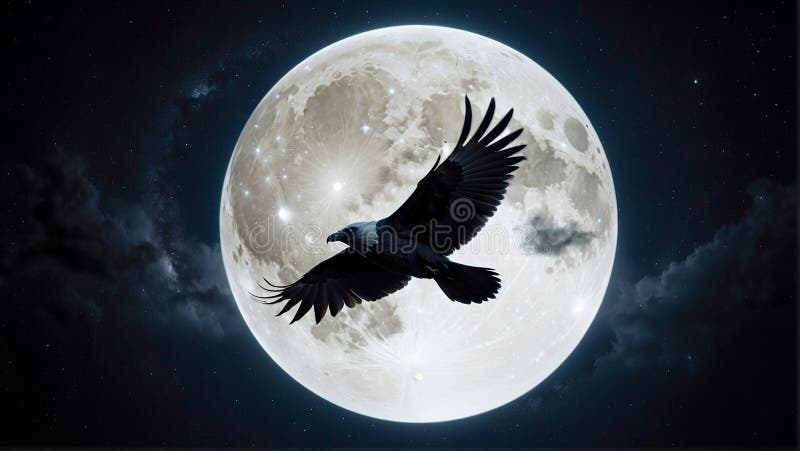 Eagle in the Night Sky on the Background of Full Moon. 3D Rendering ...