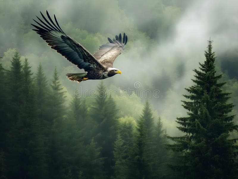 Eagle Soaring through a Misty Mountain Forest Dramatic View with Color Contrast Stock ...