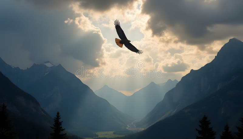Eagle Soaring Over Dramatic Mountains and Sky Stock Illustration ...