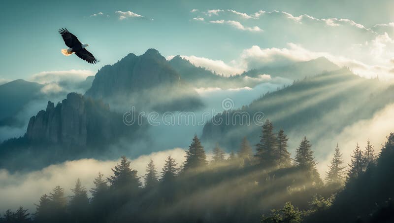 Majestic Bald Eagle Soaring Above Misty Mountain Peaks at Sunrise Stock ...